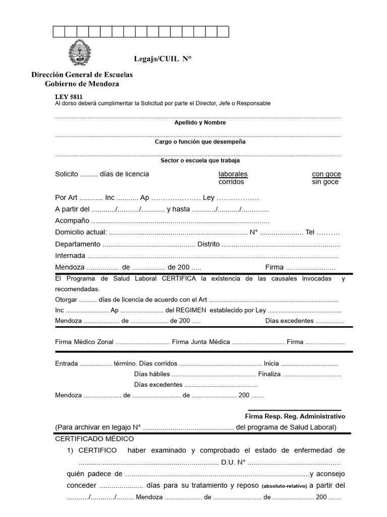 Solicitud de Licencia Laboral Ley 5811 | PDF