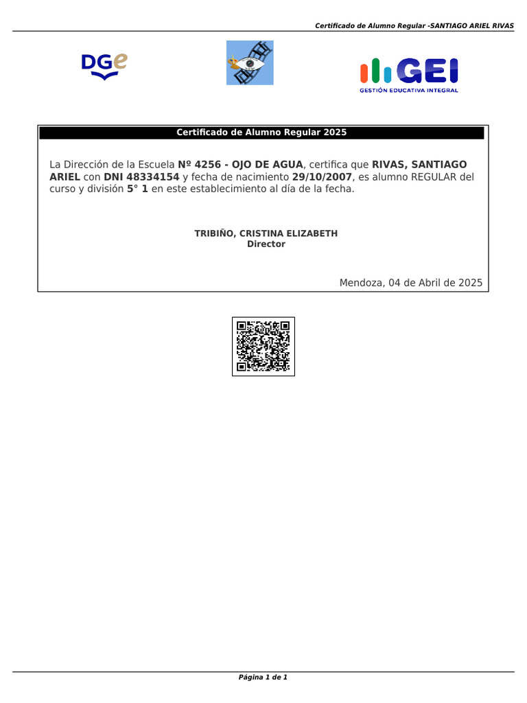Certificado de Alumno Regular - SANTIAGO ARIEL RIVAS | PDF
