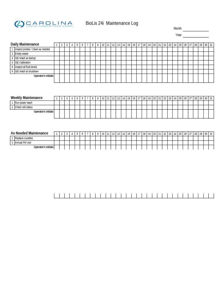 BioLis 24i Maintenance Checklist | PDF