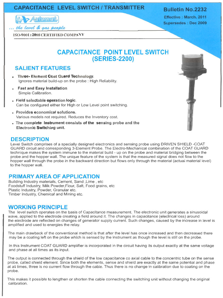 Capacitance Level Switch | PDF