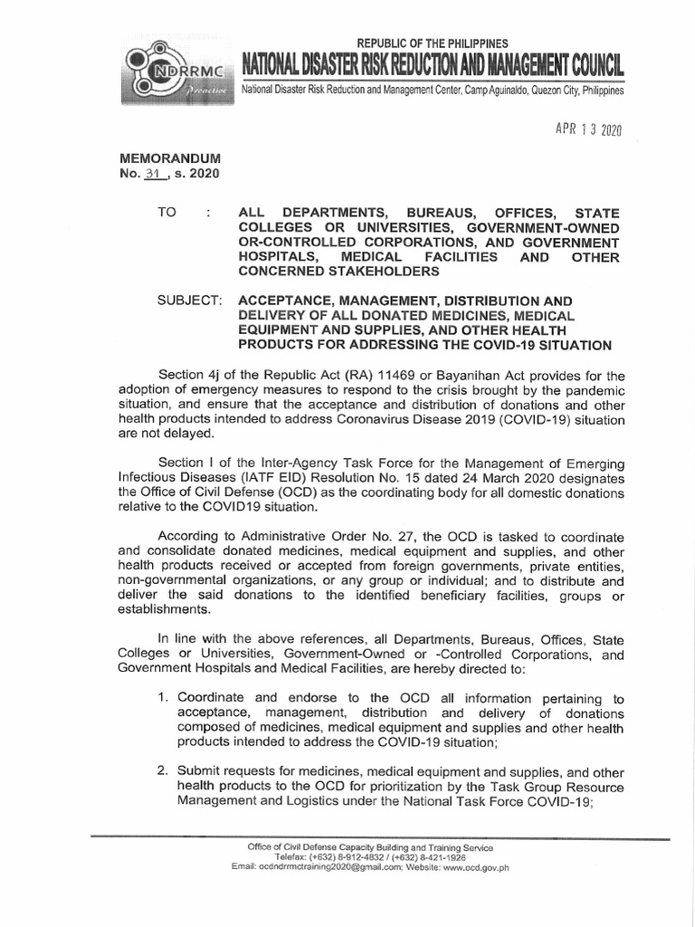 NDRRMC Memo No 31 S 2020 | PDF