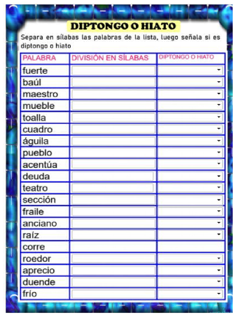 Ejercicios Hiato y Diptongo | PDF