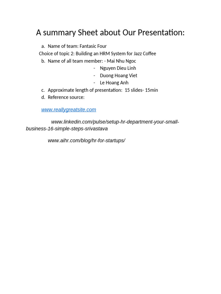 A Summary Sheet About Our Presentation | PDF