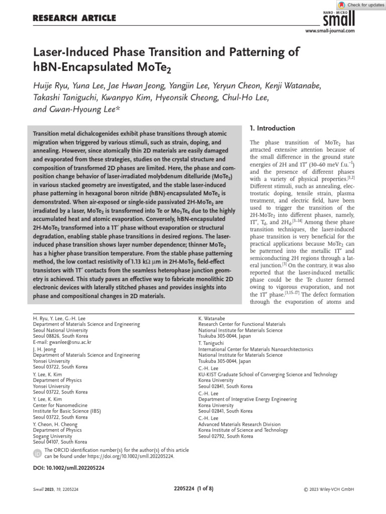 Small - 2023 - Ryu - Laser Induced Phase Transition and Patterning of HBN Encapsulated MoTe2 ...