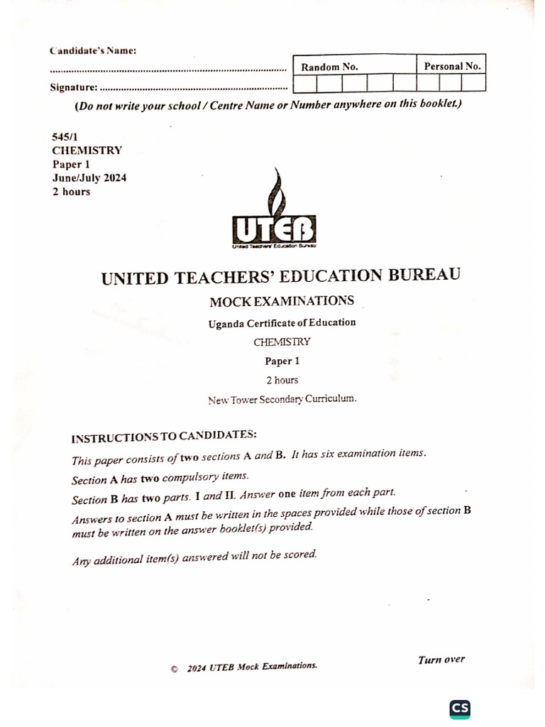 Uteb Mocks Chemistry Pp1 2024 | PDF