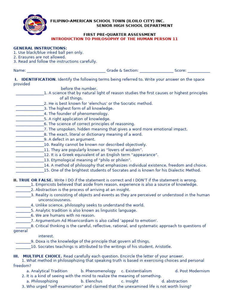 First Quarter Assessment (Philosophy) | PDF | Reason | Analytic Philosophy