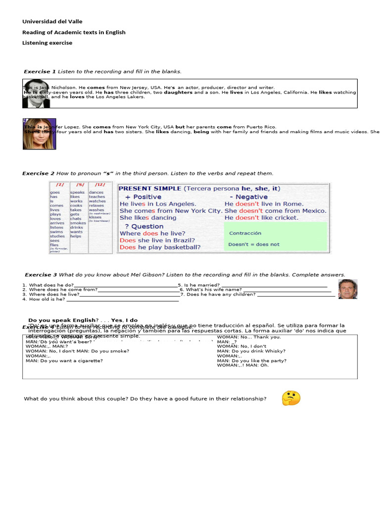 Present Simple Listening Exercise | PDF | Linguistics