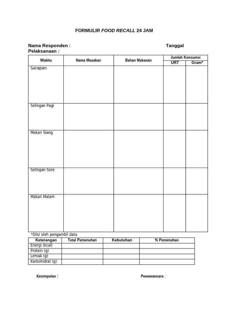 Formulir Food Recall Dan Record 24 Jam | PDF