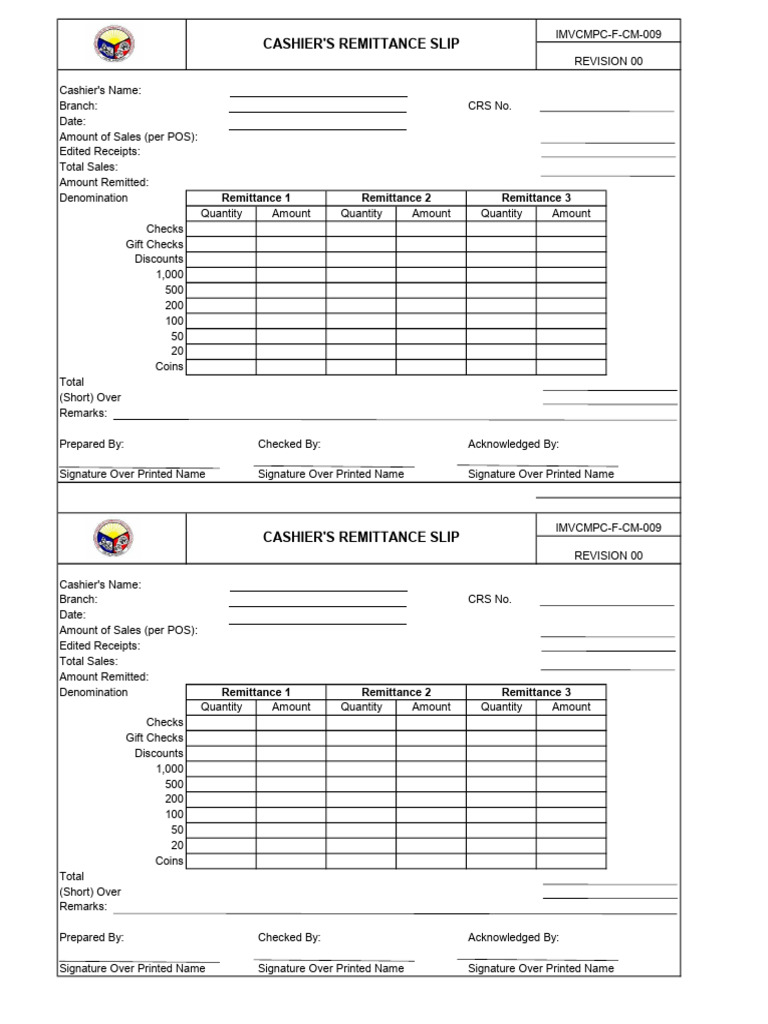 Cashier's Remittance Slip Template | PDF
