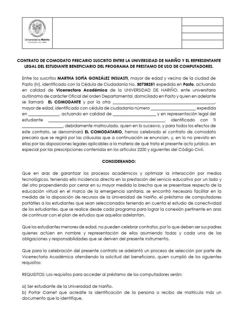 Contrato Comodato Precario Udenar | PDF