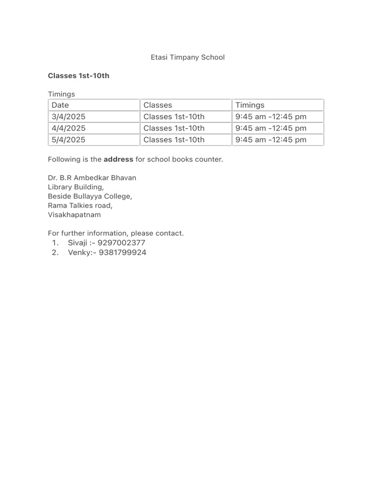 Timpany School Timings and Contact Info | PDF