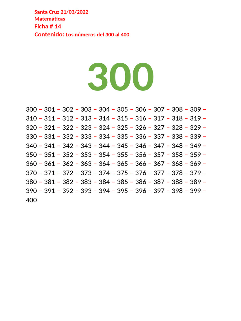 Ficha 14 Matemáticas-300 Al 400 | PDF