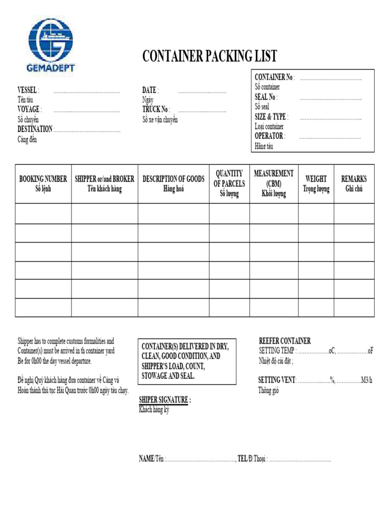SEADRAGON LOGISTICS - CONTAINER PACKING LIST - GEMADEPT | PDF