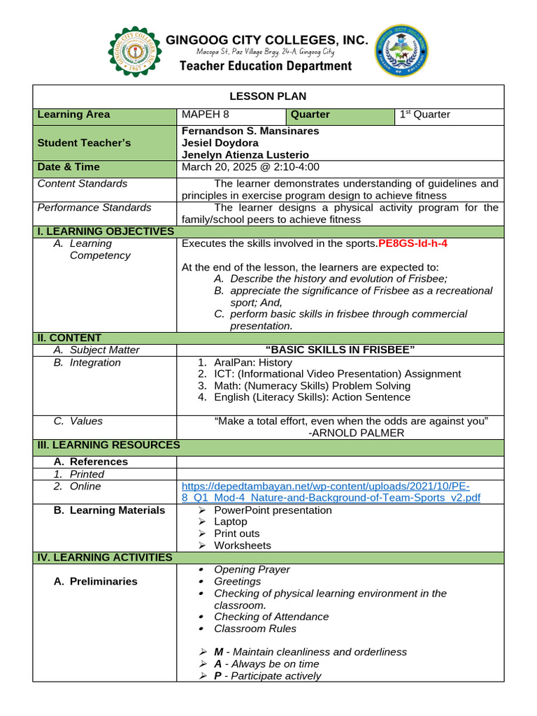 Frisbee Skills Lesson Plan for MAPEH 8 | PDF | Learning | Lesson Plan
