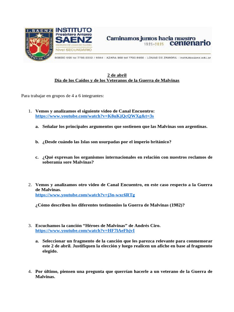 Actividad Por Día de Los Caídos en Malvinas | PDF
