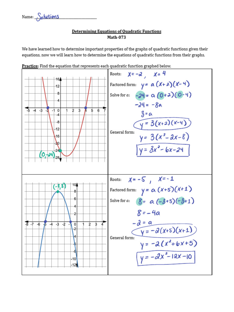 Determining Equations of Quadratic Functions - Solutions | PDF ...