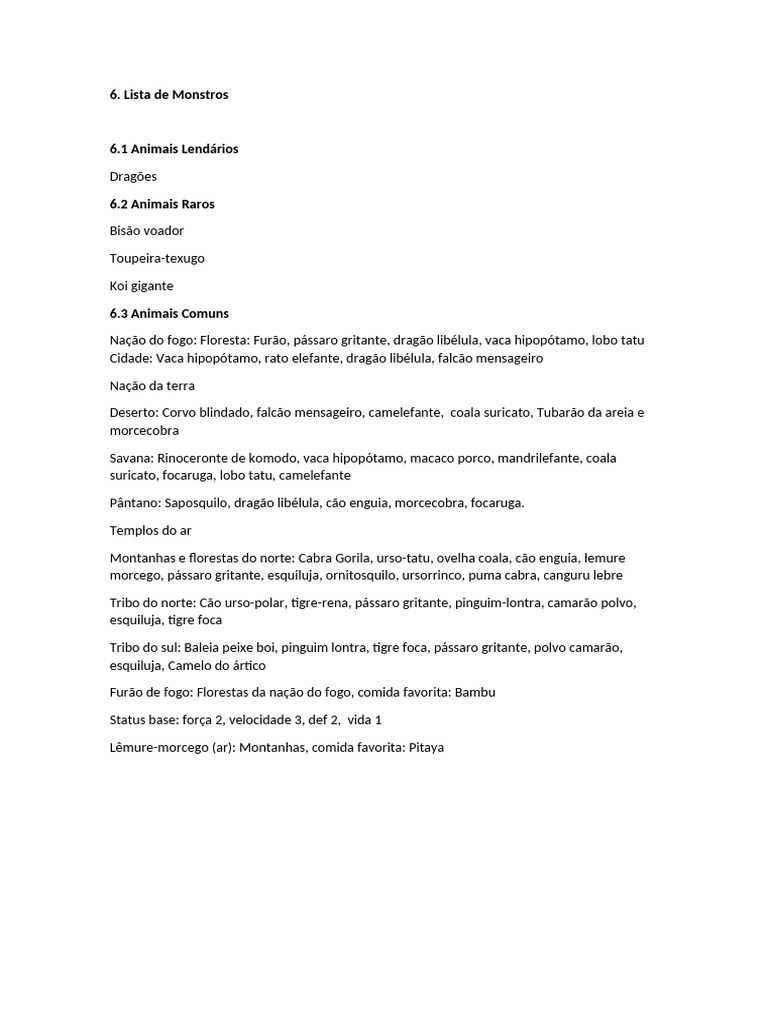 Lista Completa de Monstros e Comidas | PDF | Zoologia