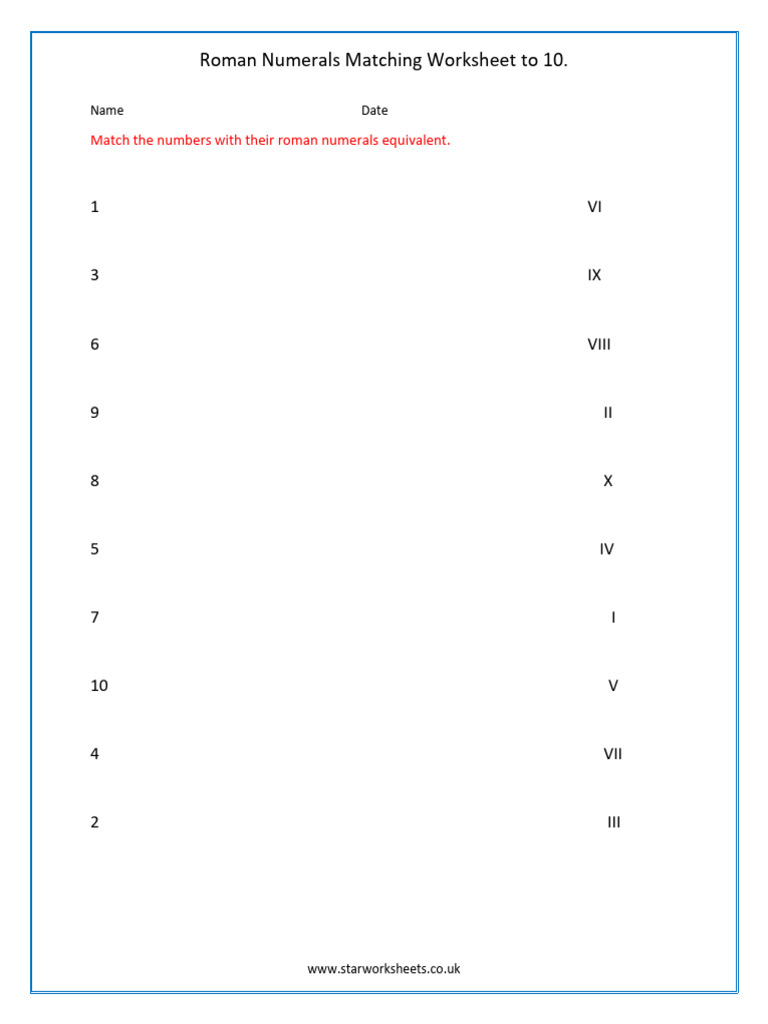 Roman Numbers Worksheet Match The Roman Numbers 1 To 10 | PDF
