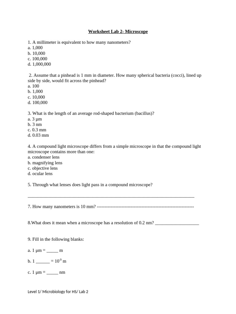 Microscope Lab Worksheet for Students | PDF