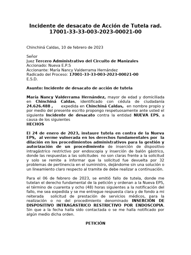 Incidente de Desacato Nueva EPS 2023 | PDF | Justicia | Crimen y violencia