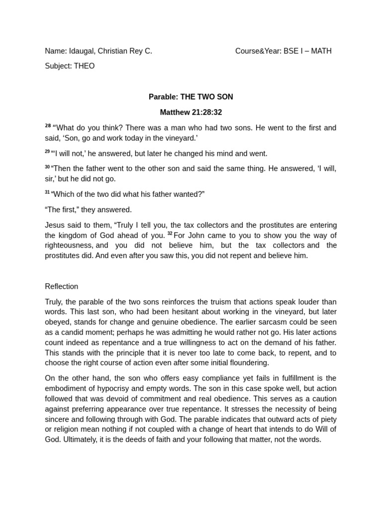 Reflection on the Parable of Two Sons | PDF