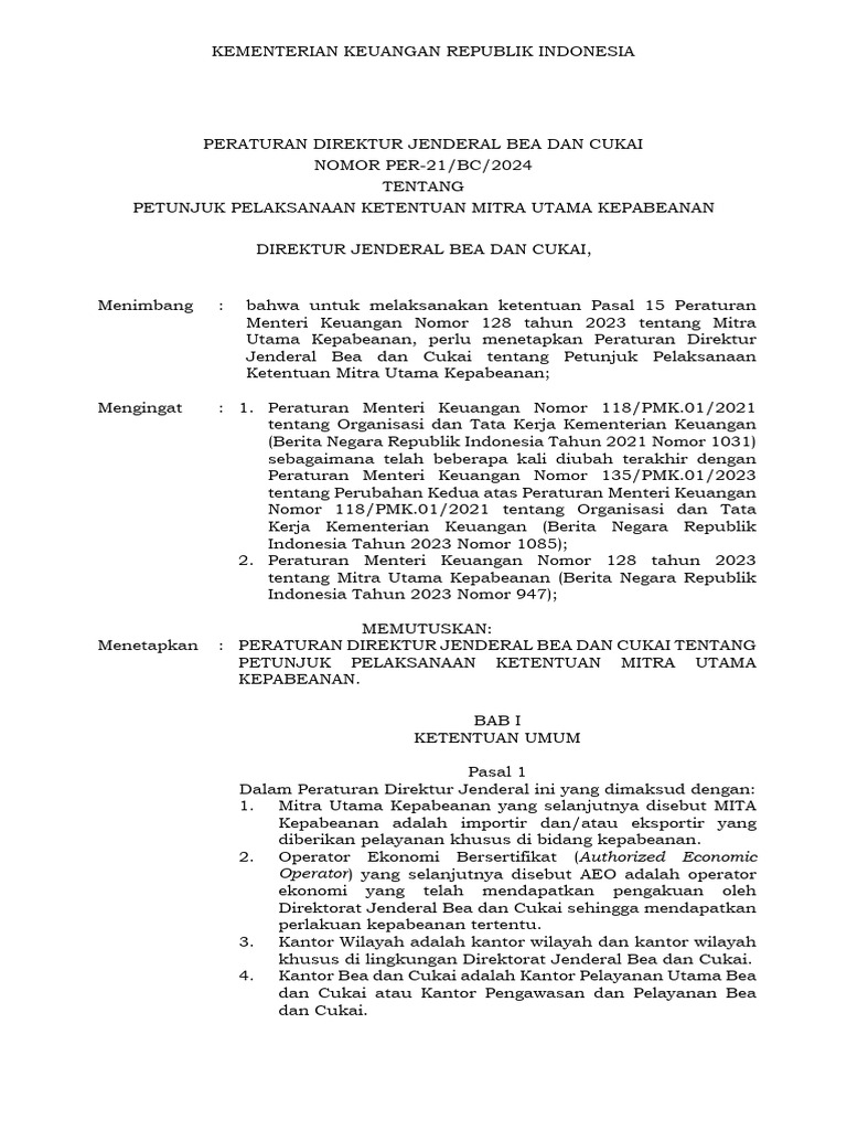 PER 21 BC 2024 Juklak Ketentuan MITA Kepabeanan PDF | PDF