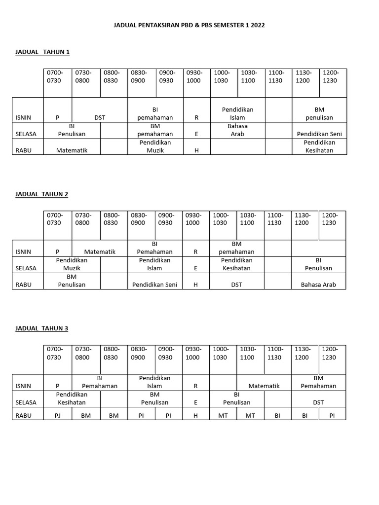 Jadual Pentaksiran PBD & PBS Semester 1 | PDF