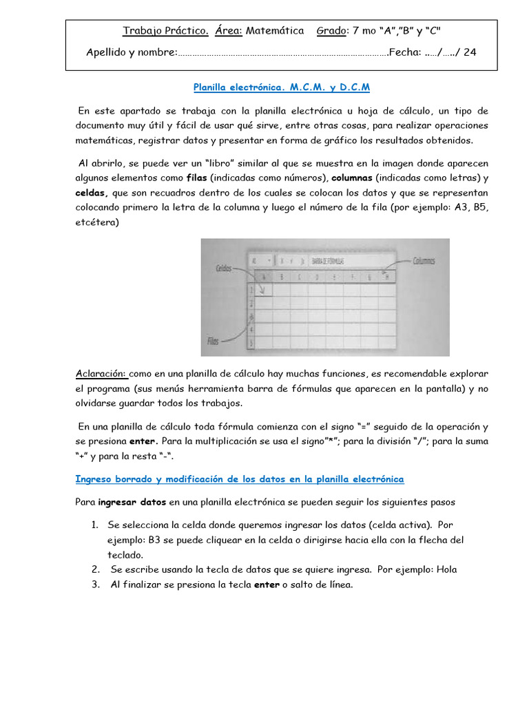 Trabajo Practico 7mo. MCM y DCM | PDF | Hoja de cálculo | Matemáticas
