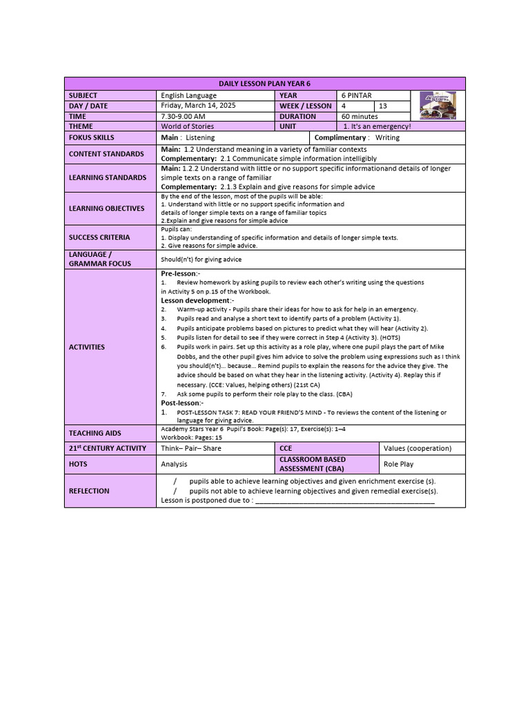 Daily Lesson Plan Year 6 | PDF | Lesson Plan | Procedural Knowledge
