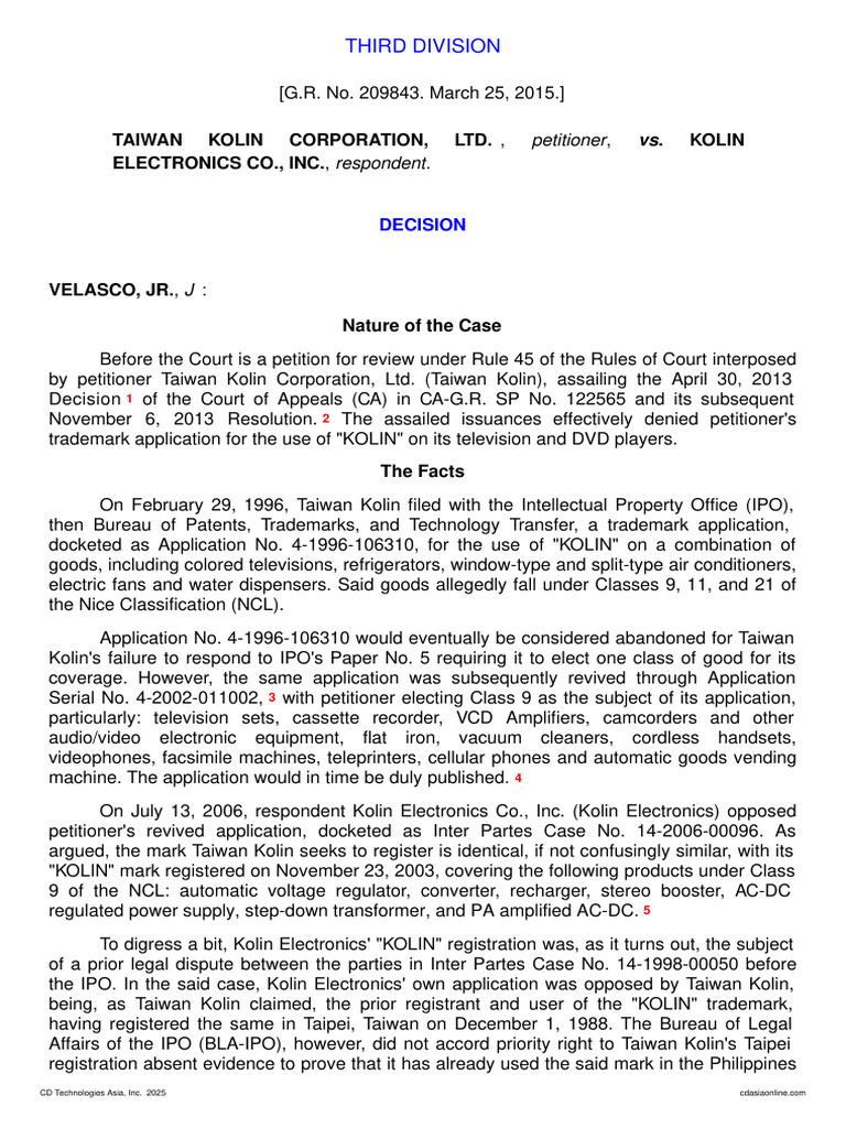 Taiwan Kolin Corp., Ltd. v. Kolin Electronics Co., Inc. | PDF | Trademark | Power Supply