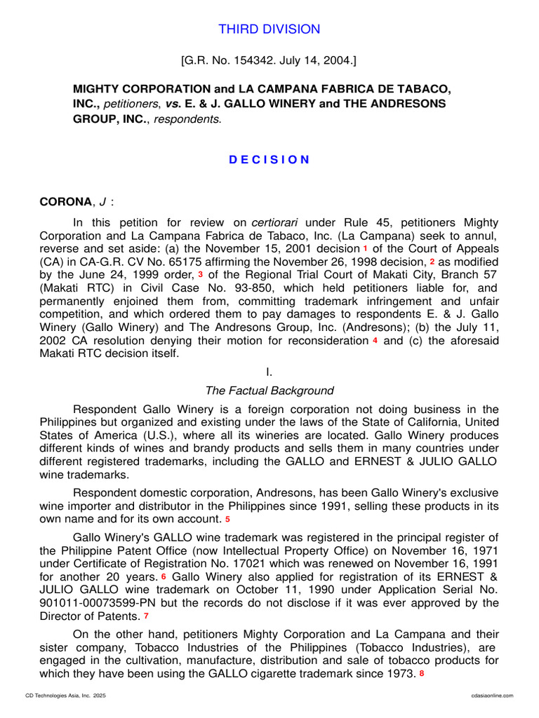 Mighty Corp. v. E. & J. Gallo Winery | PDF | Trademark Infringement ...