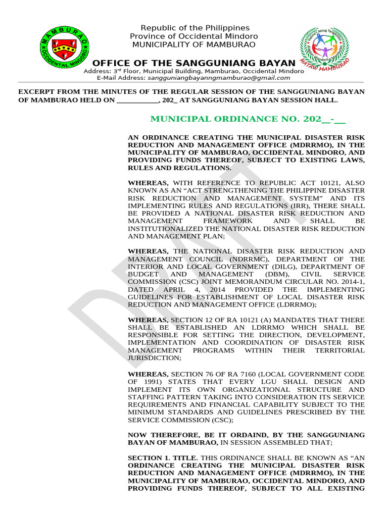 Ordinance-Creating MDRRMO-Department | PDF | Hazards | Emergency Management
