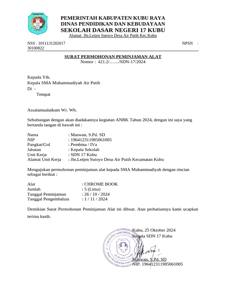 Surat Peminjaman Alat | PDF