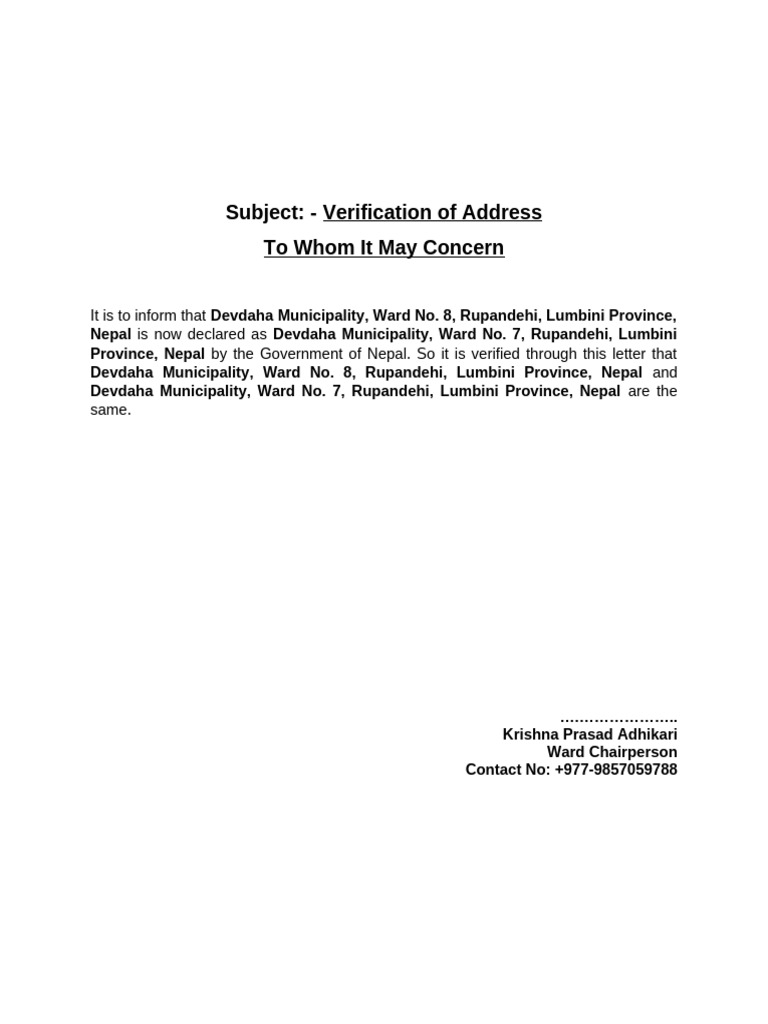 Address Verification for Devdaha Ward | PDF