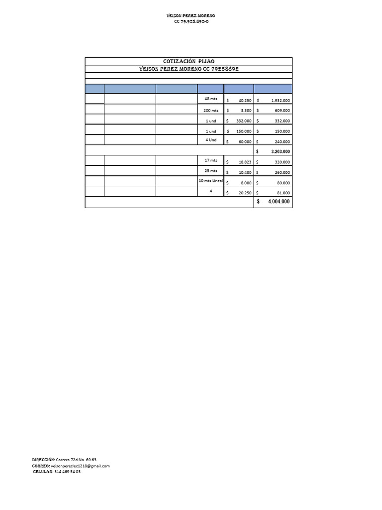 Cotizacion Pijao - Yeison Perez | PDF