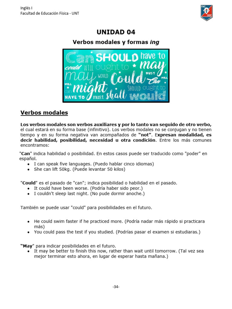 UNIDAD 04 - Verbos Modales y Formas Ing | PDF | Lingüística | Tipología Lingüística