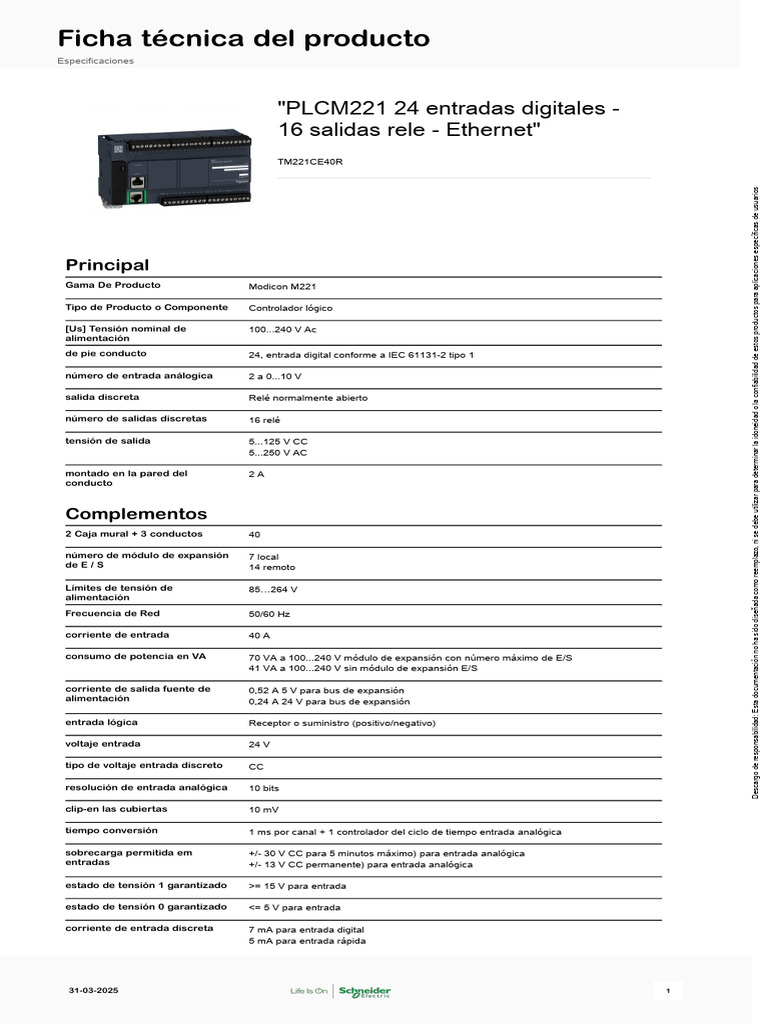 Schneider Electric Logic Controller Modicon M221 TM221CE40R | PDF ...
