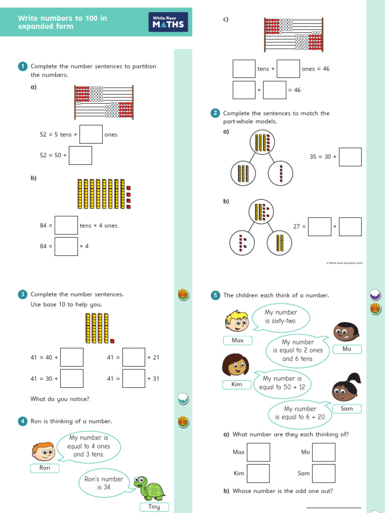 Y2 Autumn Block 1 WO8 Write Numbers To 100 in Expanded Form 2022 | PDF