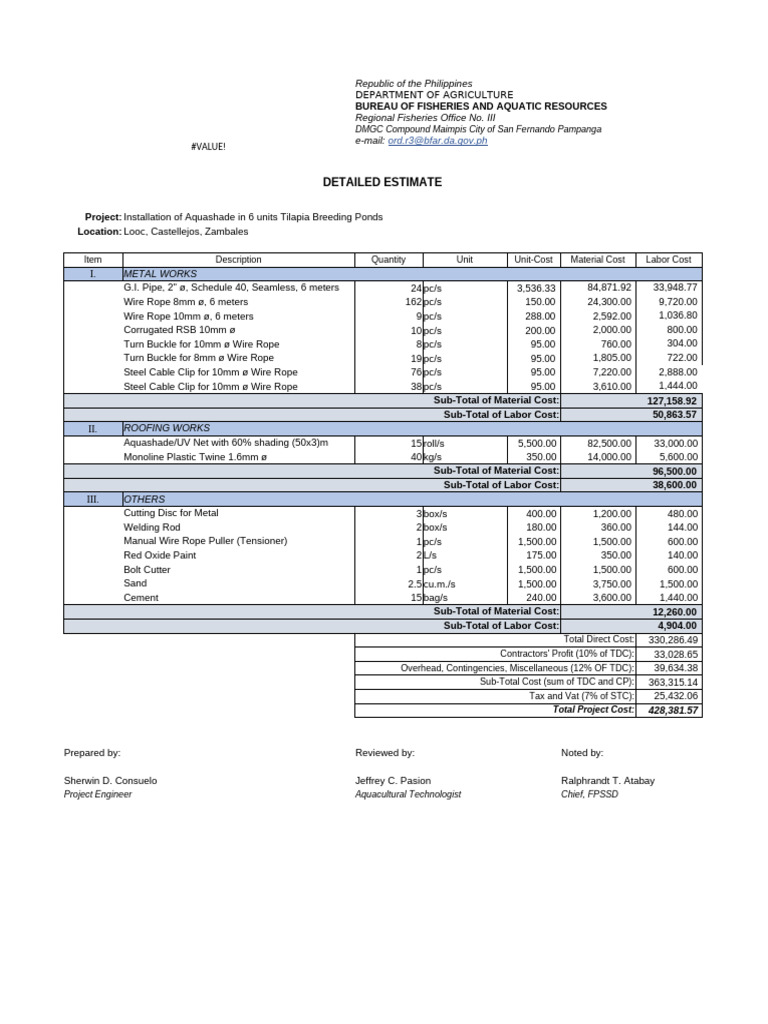 Aquashade Installation Estimate for Tilapia Ponds | PDF | Materials
