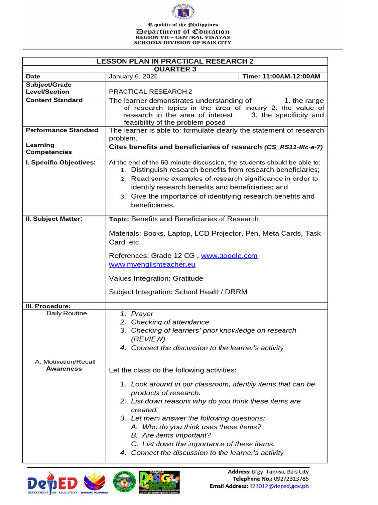 Practical Research 2 3RD Quarter LP | PDF | Learning | Lesson Plan