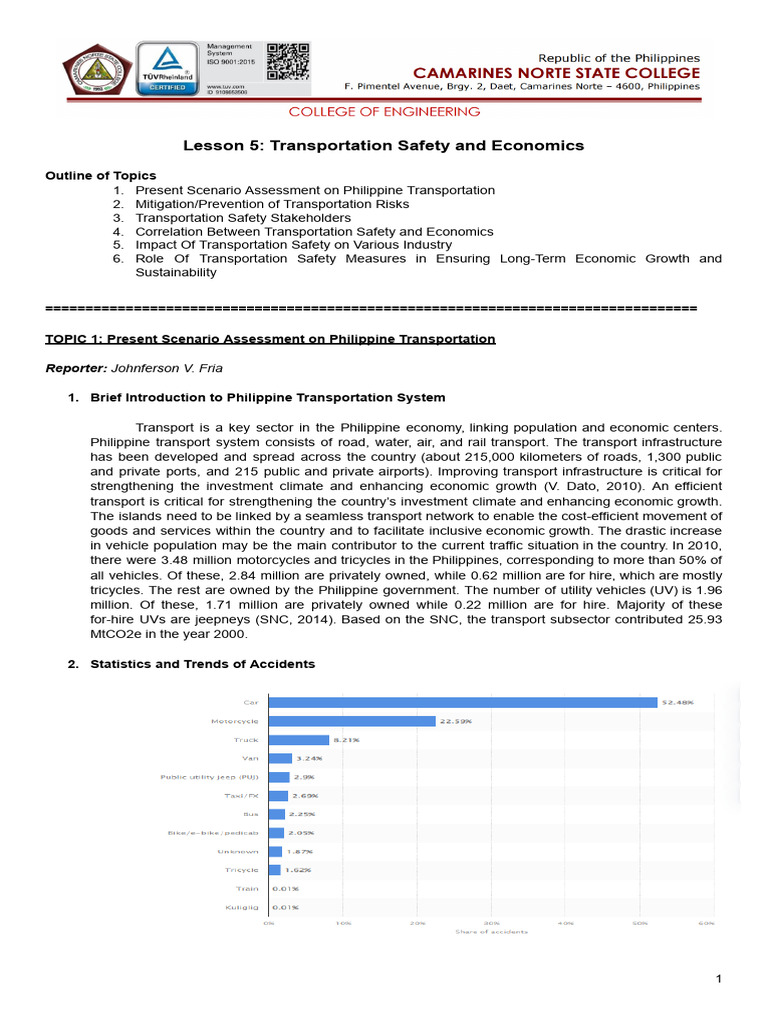 Handout Lesson 5 Transportation Safety and Economics | PDF | Traffic ...