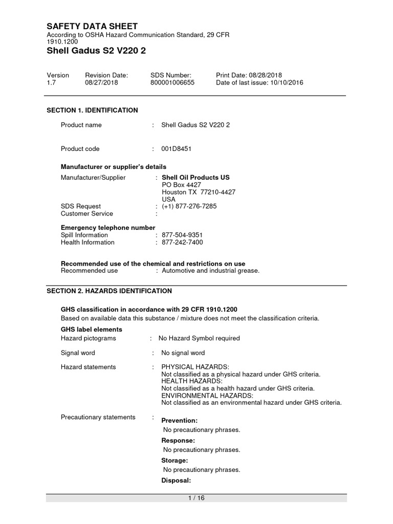 MSDS - Shell Gadus S2 V220 2 - 202210110347 | PDF | Toxicity | Working ...