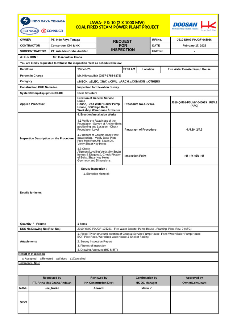 Cover RFI - Fire Water Booster Pump House Bolt Survey Inspection | PDF ...