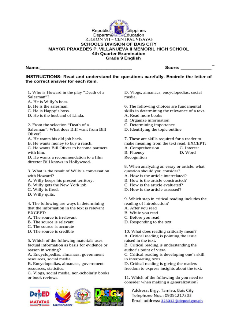 Grade 9 4TH Quarter Final | PDF | Nature | Analogy