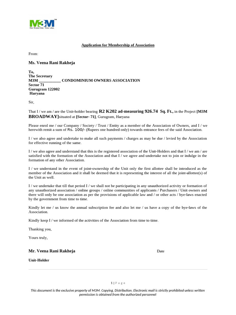 Application Form For Membership of RWA | PDF