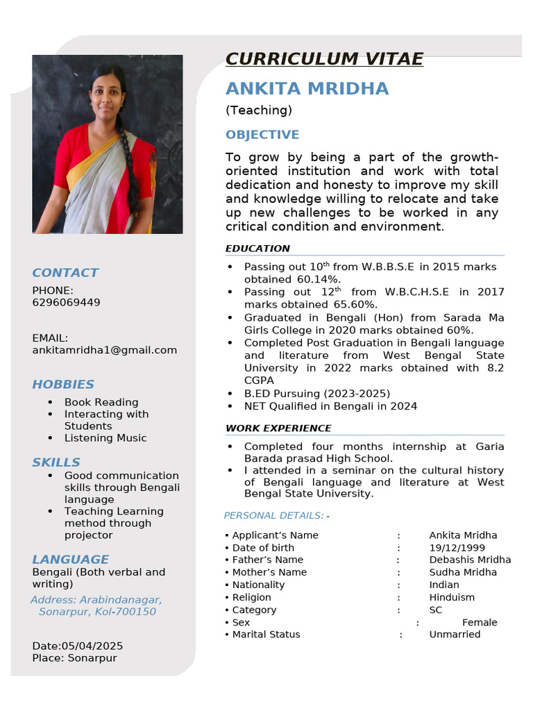 Ankita Mridha: Curriculum Vitae | PDF