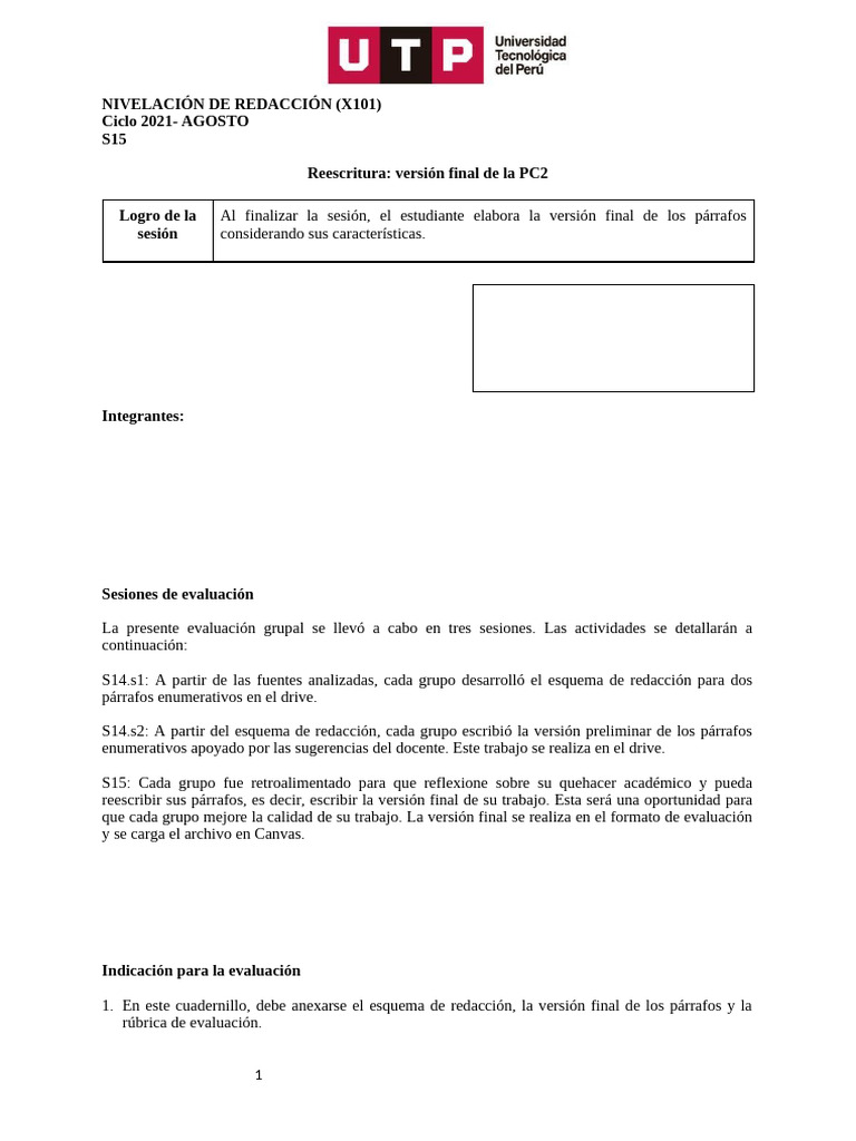 S15 - Reescritura. Versión Final de La PC2 (Formato UTP) | PDF | Puntuación