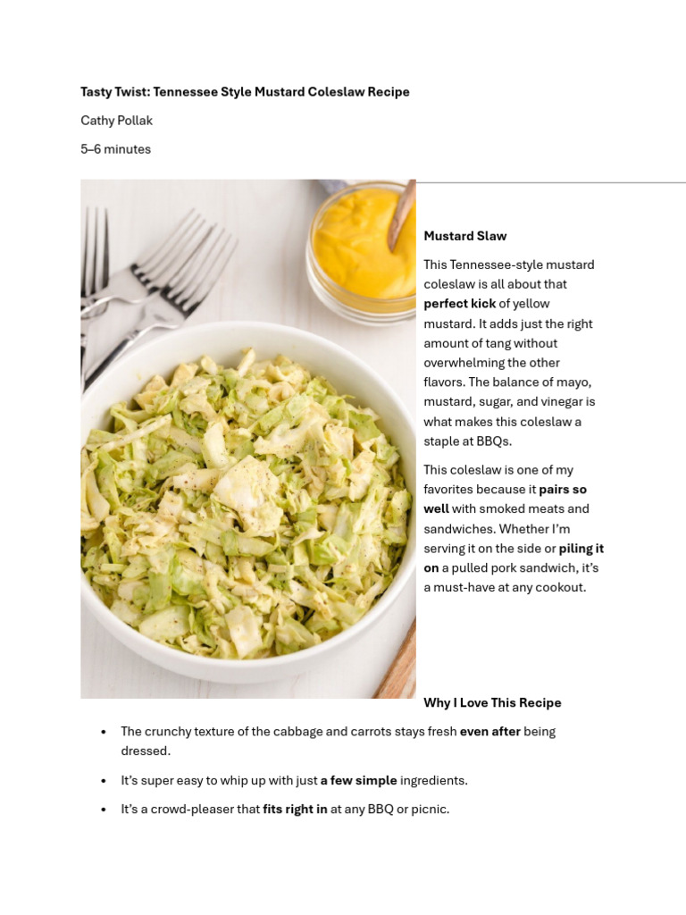 Tennessee Mustard Coleslaw Recipe | PDF | Coleslaw | Foods