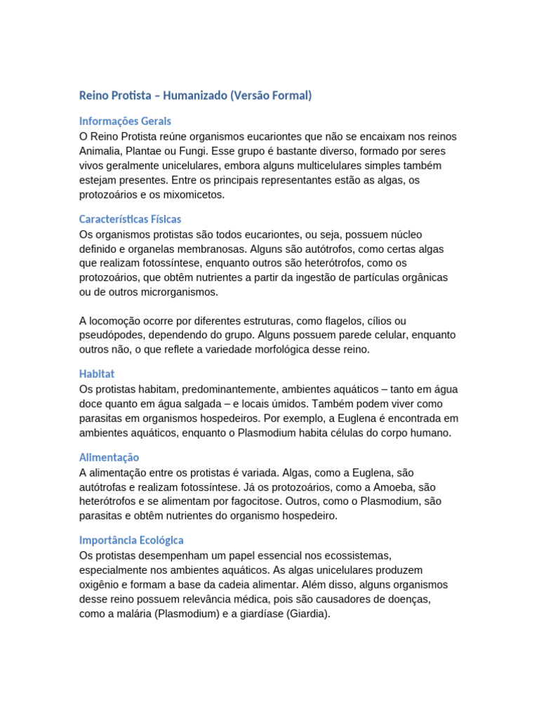 Características do Reino Protista | PDF | Protozoários | Algas