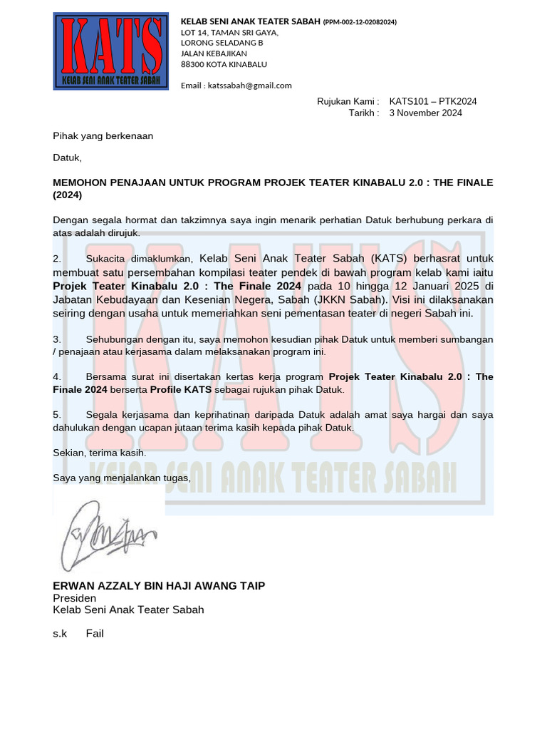 Permohonan Penajaan Teater Kinabalu 2024 | PDF